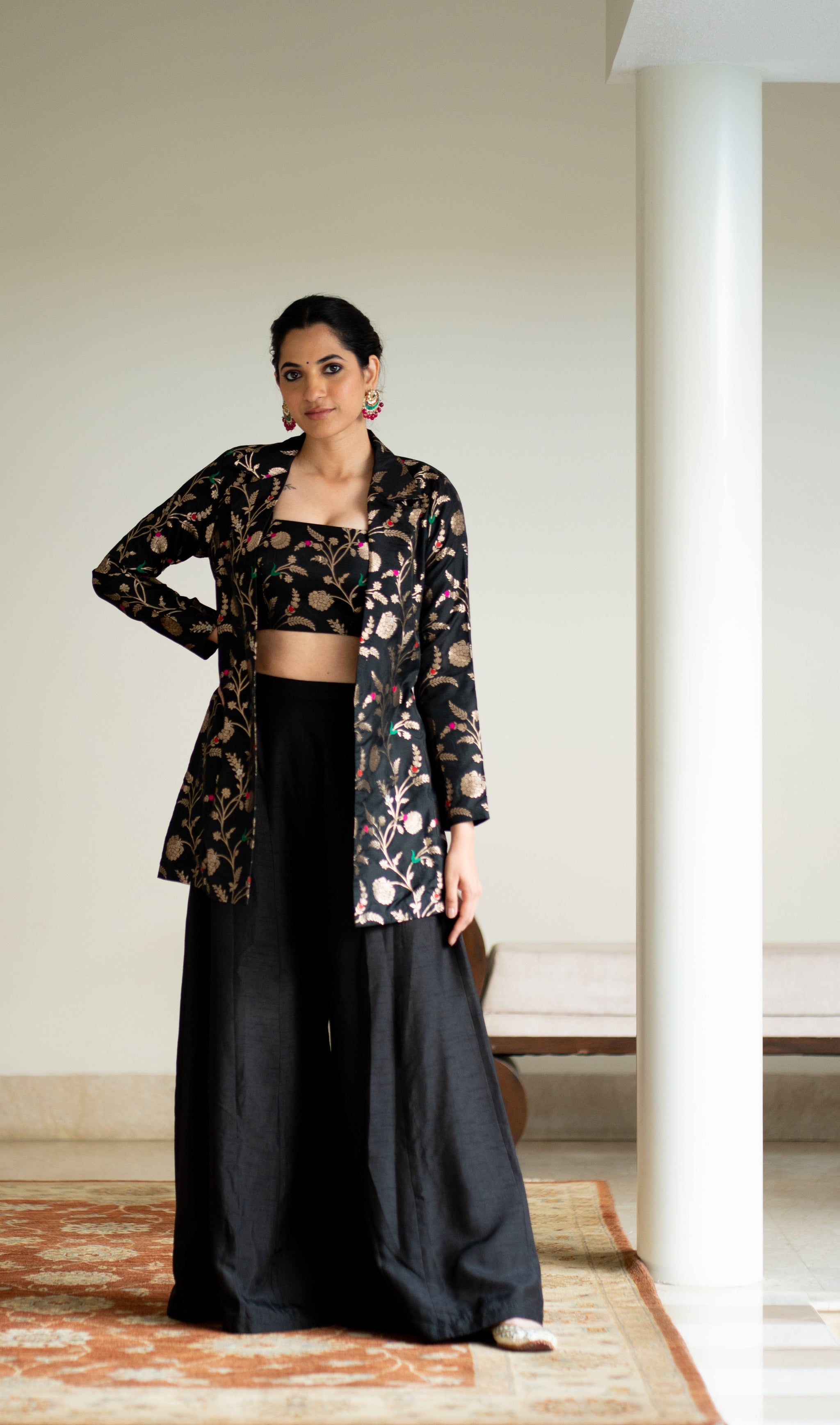 Palazzo Suit Brocade Palazzo Pants Women's Black Floral Brocade Kurta ...