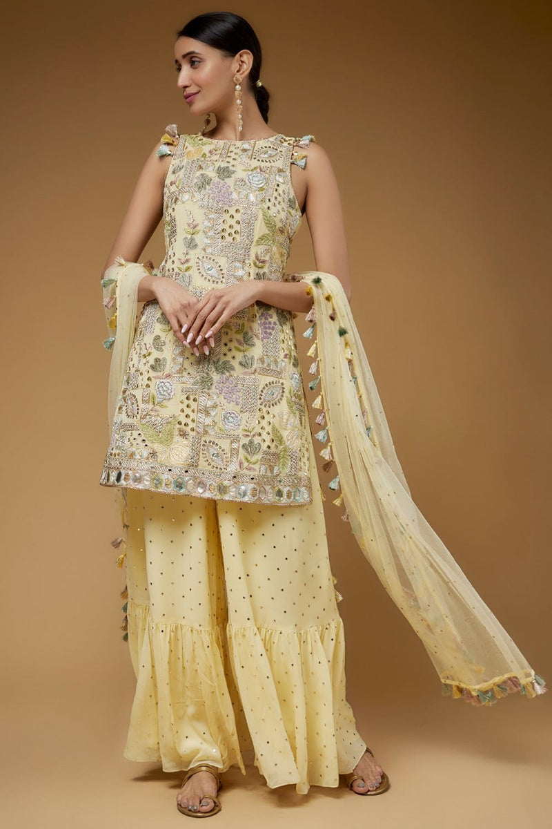 Pale Yellow Embroidered Back Tie-Up Kurta With One Frill Sharara And D ...